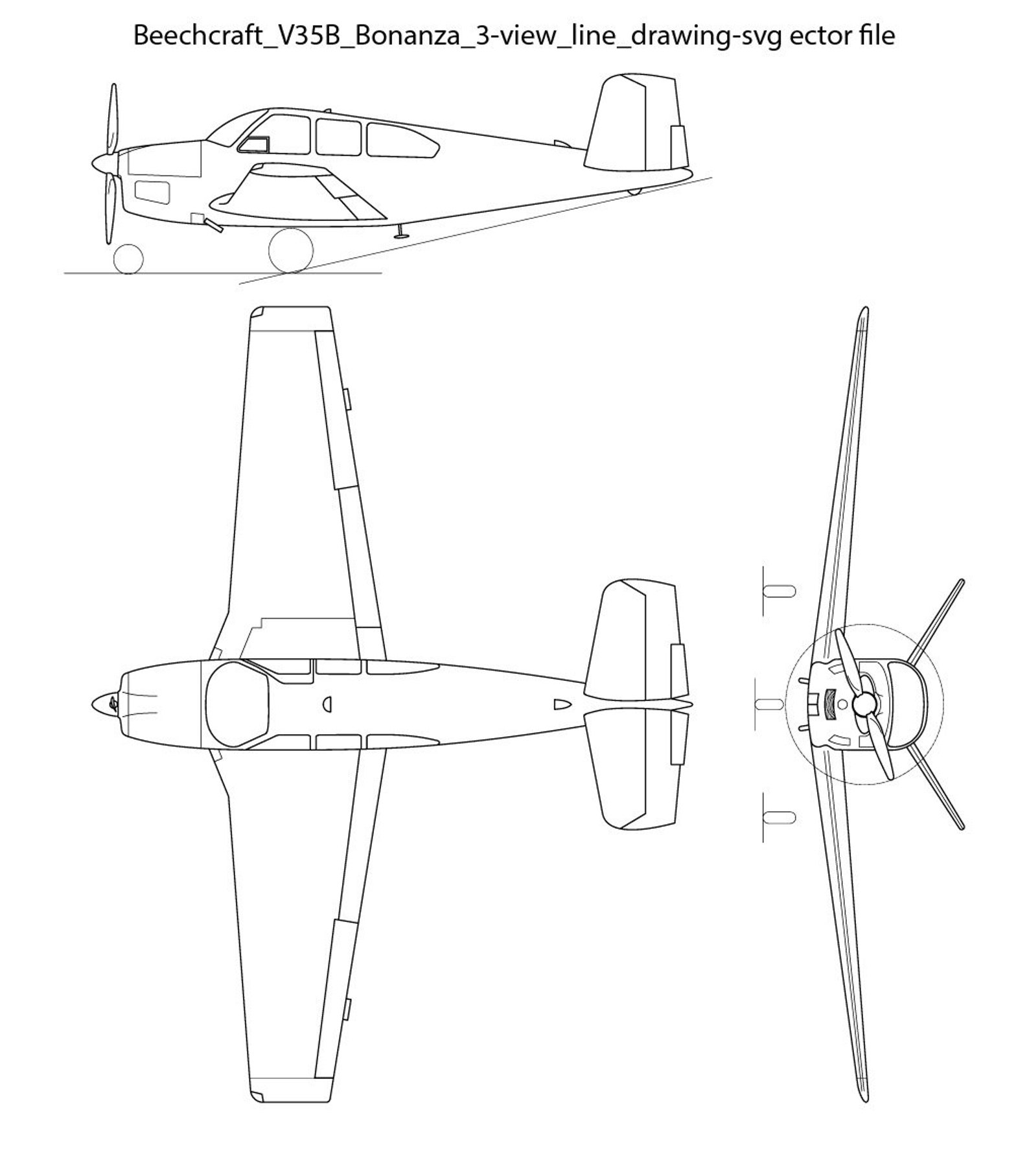 Beechcraft V35B Bonanza 3 View Line Drawing Svg Vector File Patch ...