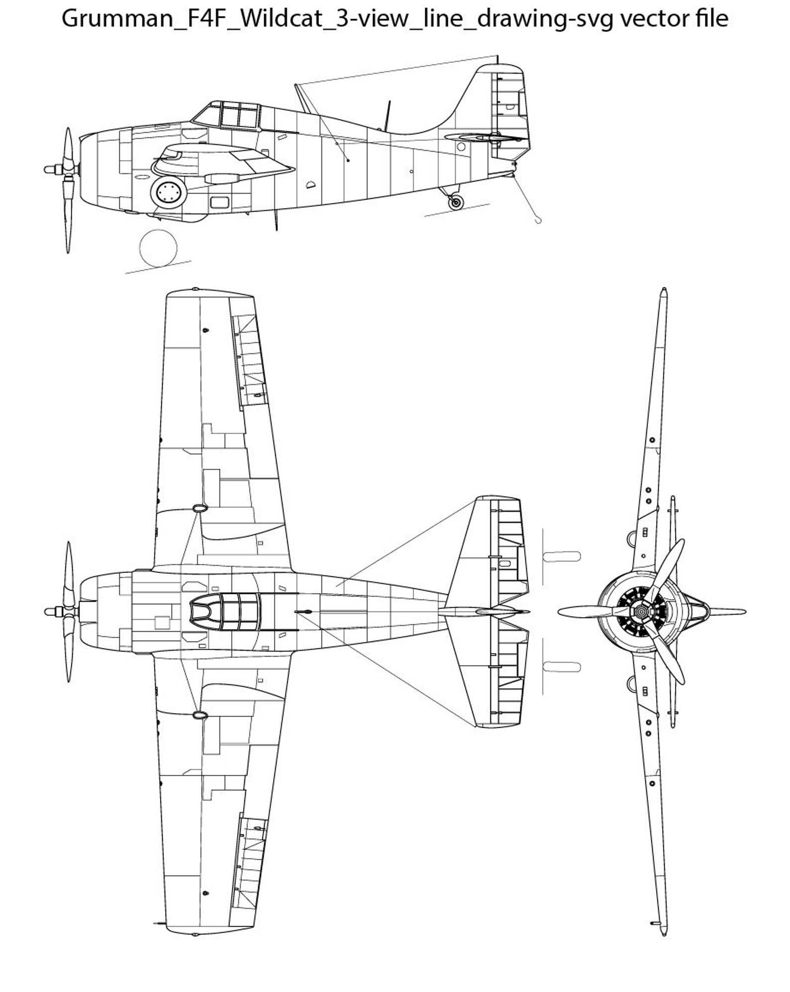 Grumman F4F Wildcat 3 View Line Drawing Svg Vector File Patch ...