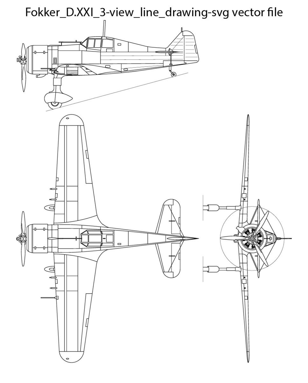 Fokker D XXI 3 View Line Drawing Svg Vector File Patch, Laser Engraving ...