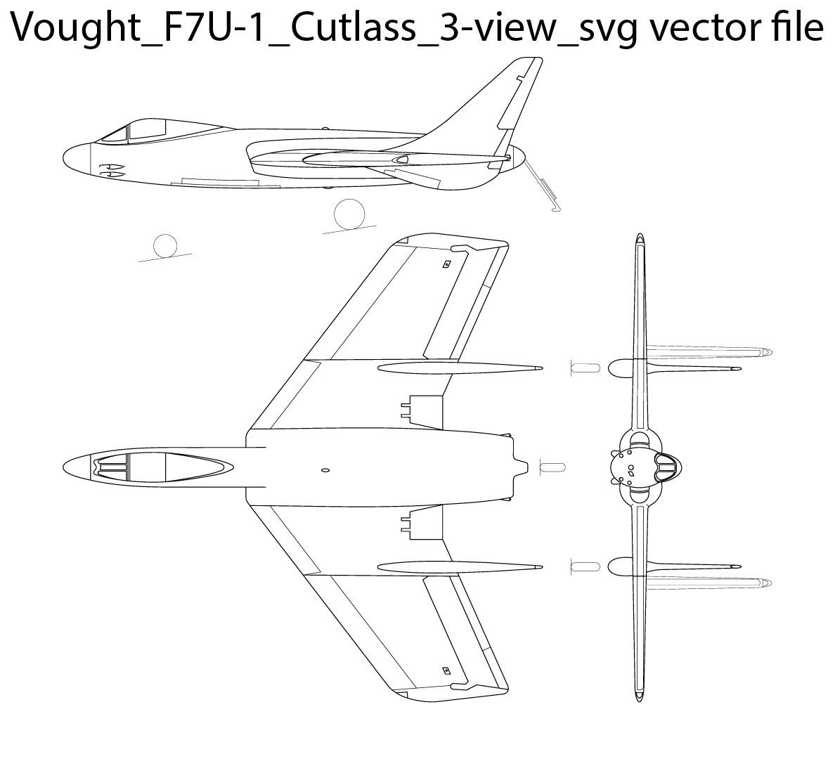 Vought F7U 1 Cutlass 3 View Svg Vector File, Outlines, Line Art, Laser ...