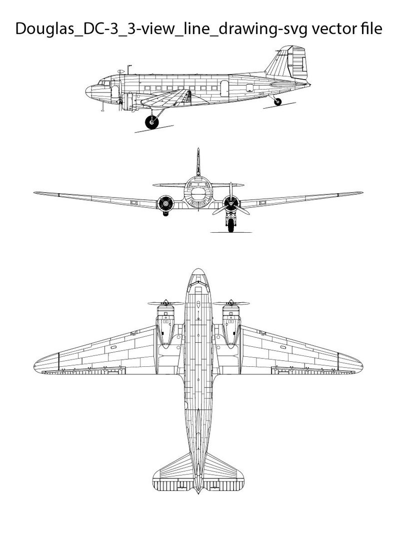 Douglas DC 3 3 View Line Drawing Svg Vector File Patch, Laser Engraving ...