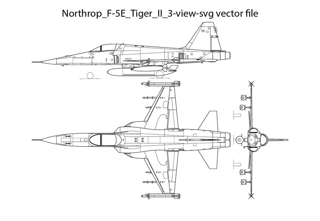 Northrop F 5E Tiger II 3 View Svg Vector File, Outlines, Line Art ...