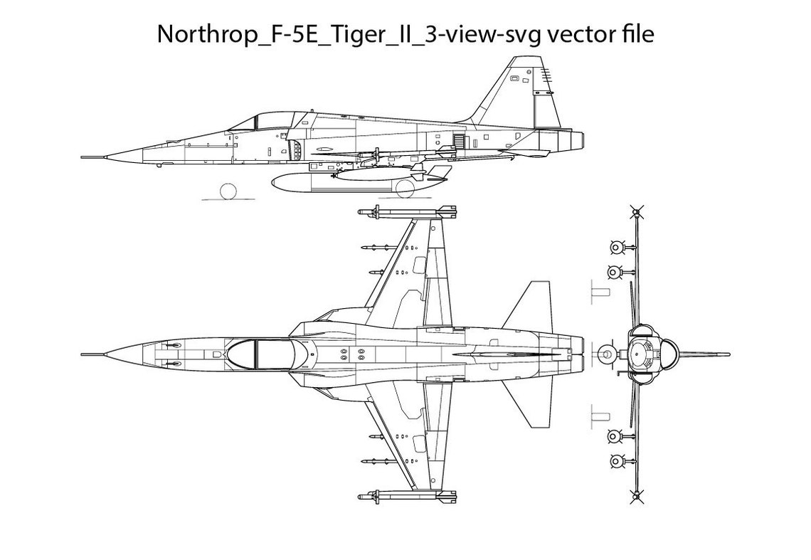 Northrop F 5E Tiger II 3 View Svg Vector File, Outlines, Line Art ...