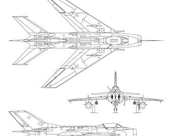 Mikoyan Gurevich Mig 19 3 View Svg Vector File, Black White, Helicopter ...