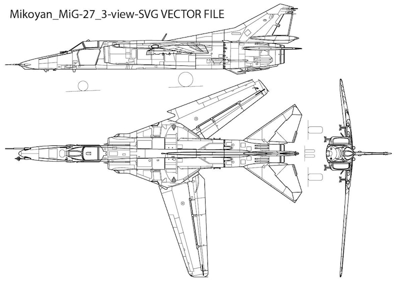 Mikoyan Mig 27 3 View SVG VECTOR FILE, Outlines, Line Art, Laser ...