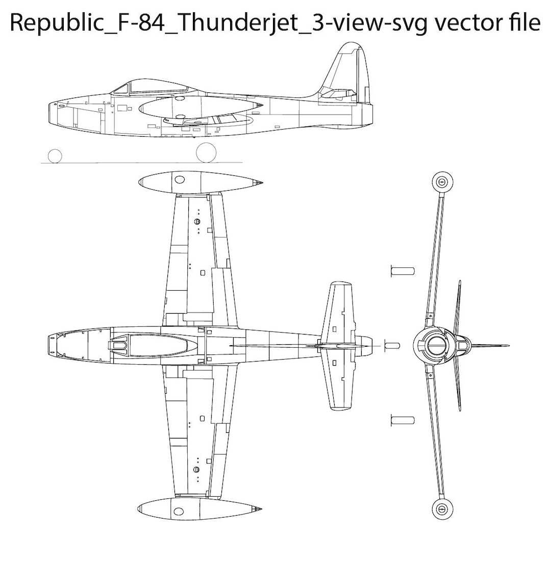 Republic F 84 Thunderjet 3 View Svg Vector File, Outlines, Line Art ...