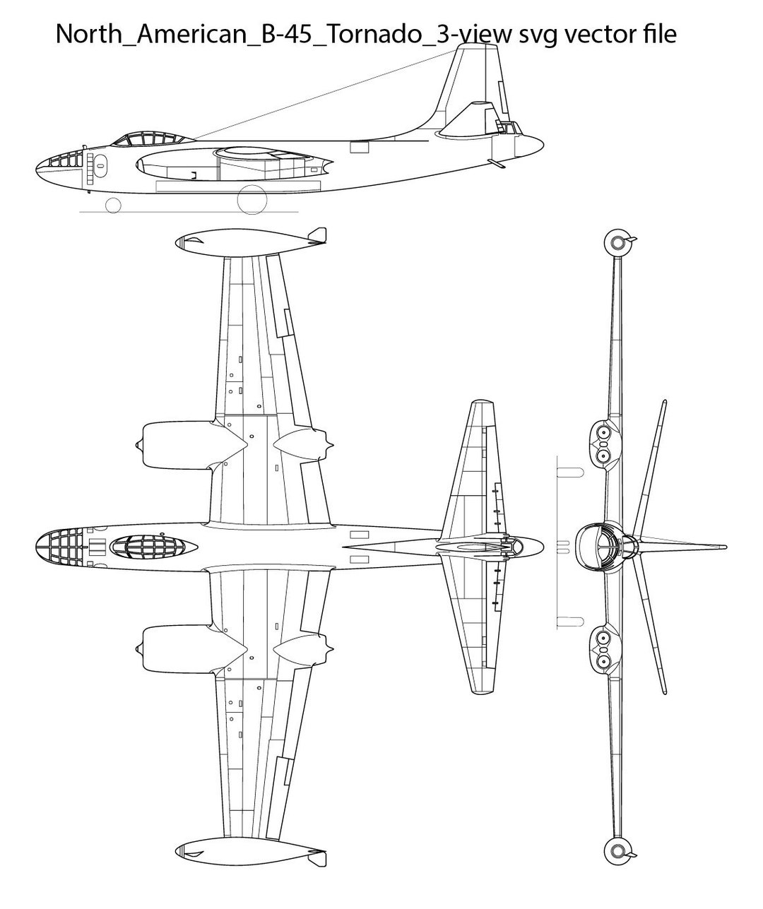 North American B 45 Tornado 3 View Svg Vector File, Outlines, Line Art ...