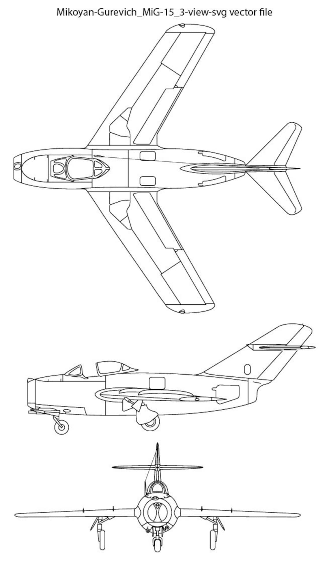 Mikoyan Gurevich Mig 15 3 View Svg Vector File, Outlines, Line Art ...