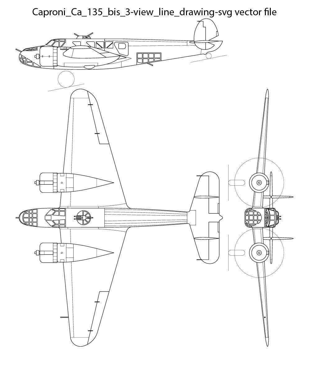 Caproni Ca 135 Bis 3 View Line Drawing Svg Vector File Patch, Engraving ...