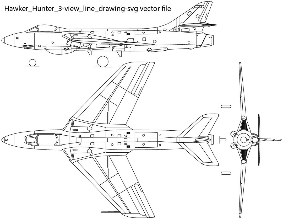 Hawker Hunter 3 View Line Drawing Svg Vector File Patch, Engraving ...