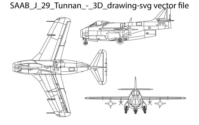 SAAB J 29 Tunnan 3D Drawing Svg Vector File, Outlines, Line Art, Laser ...