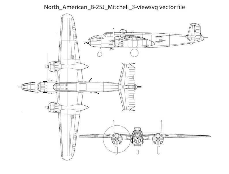 North American B 25J Mitchell 3 View Svg Vector File, Outlines, Line ...