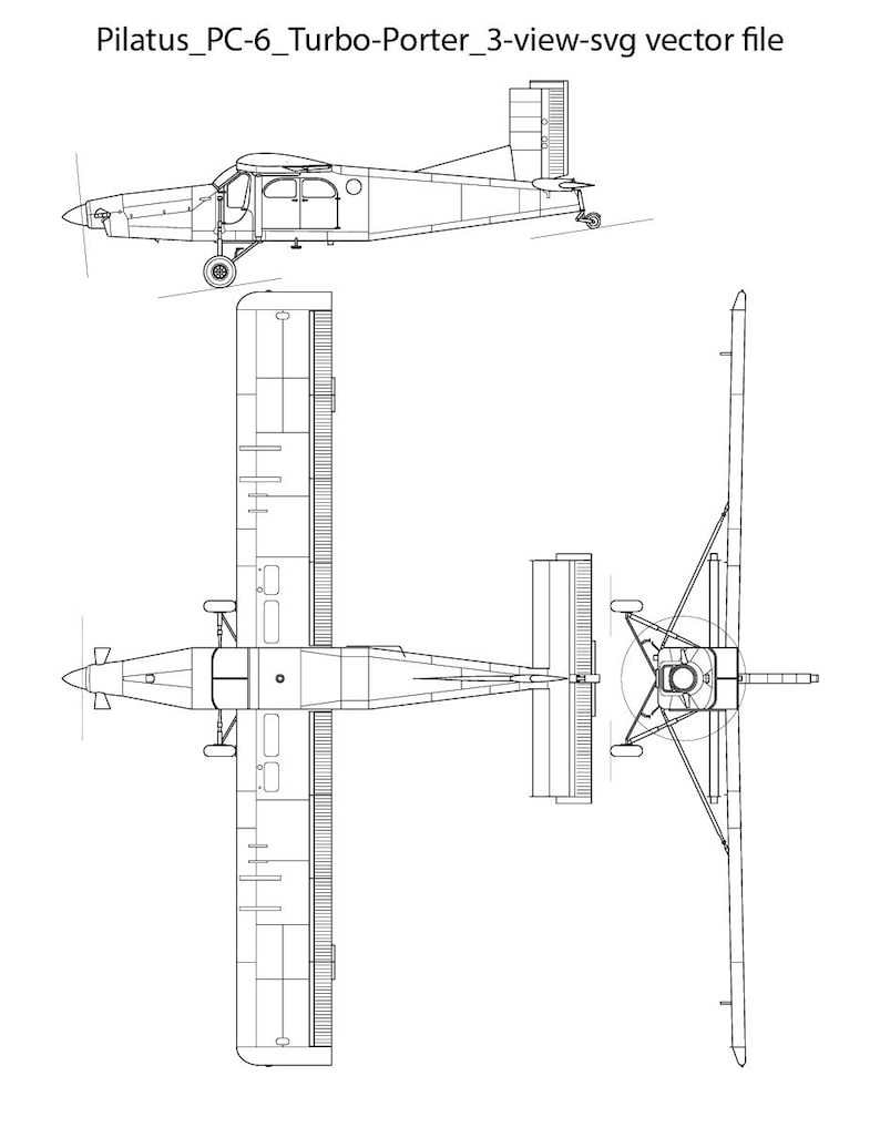 Pilatus PC 6 Turbo Porter 3 View Svg Vector File, Outlines, Line Art ...