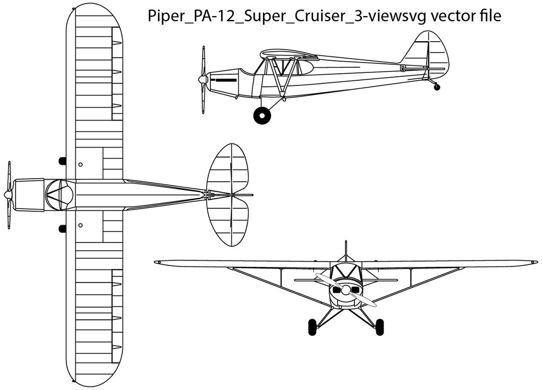 Piper PA 12 Super Cruiser 3 View Svg Vector File, Outlines, Line Art ...