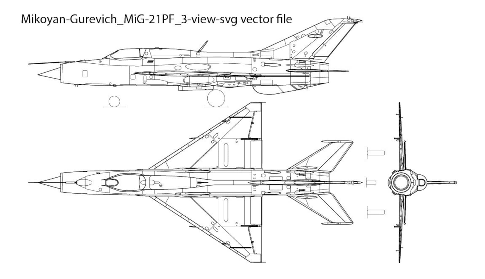 Mikoyan Gurevich Mig 21PF 3 View Svg Vector File, Outlines, Line Art ...