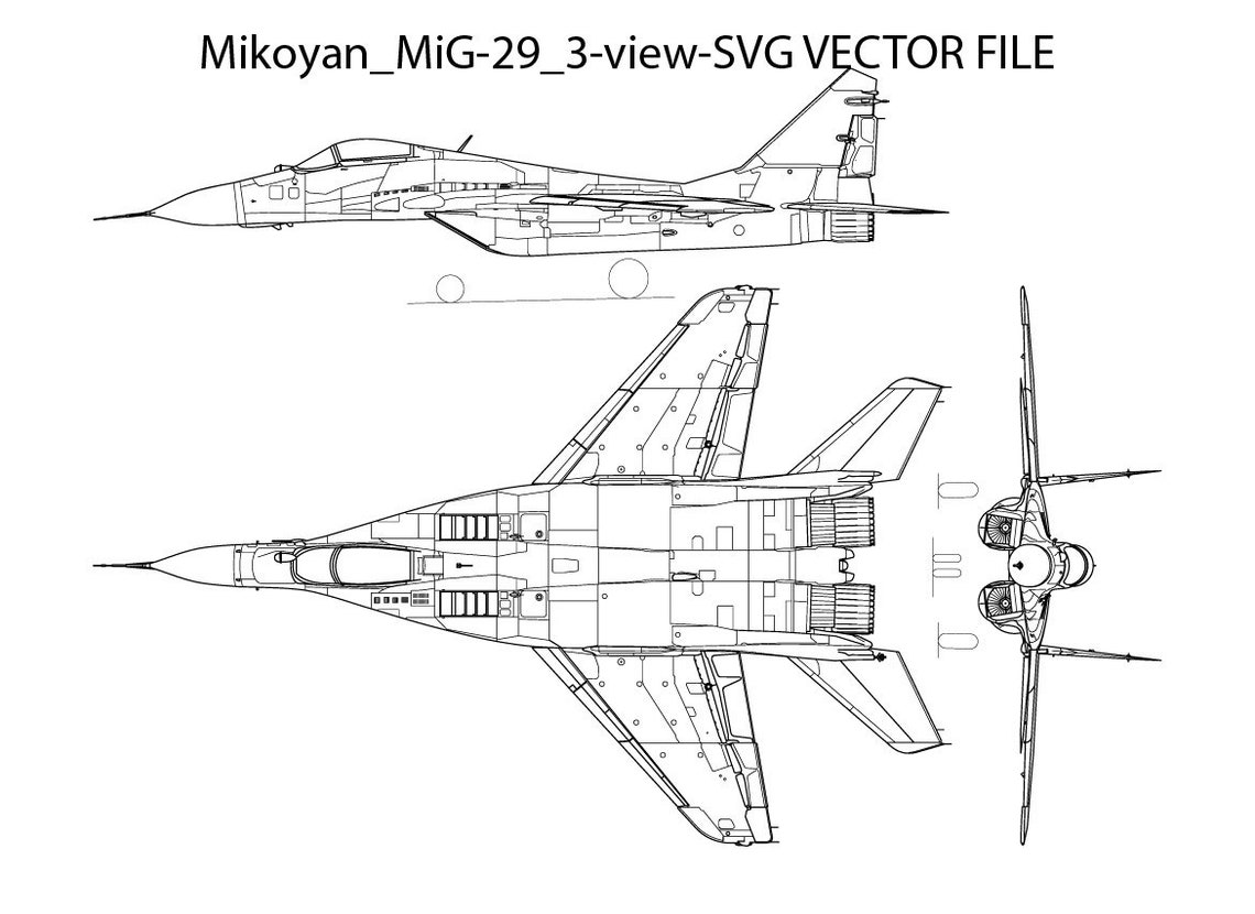 Mikoyan Mig 29 3 View SVG VECTOR FILE, Outlines, Line Art, Laser ...