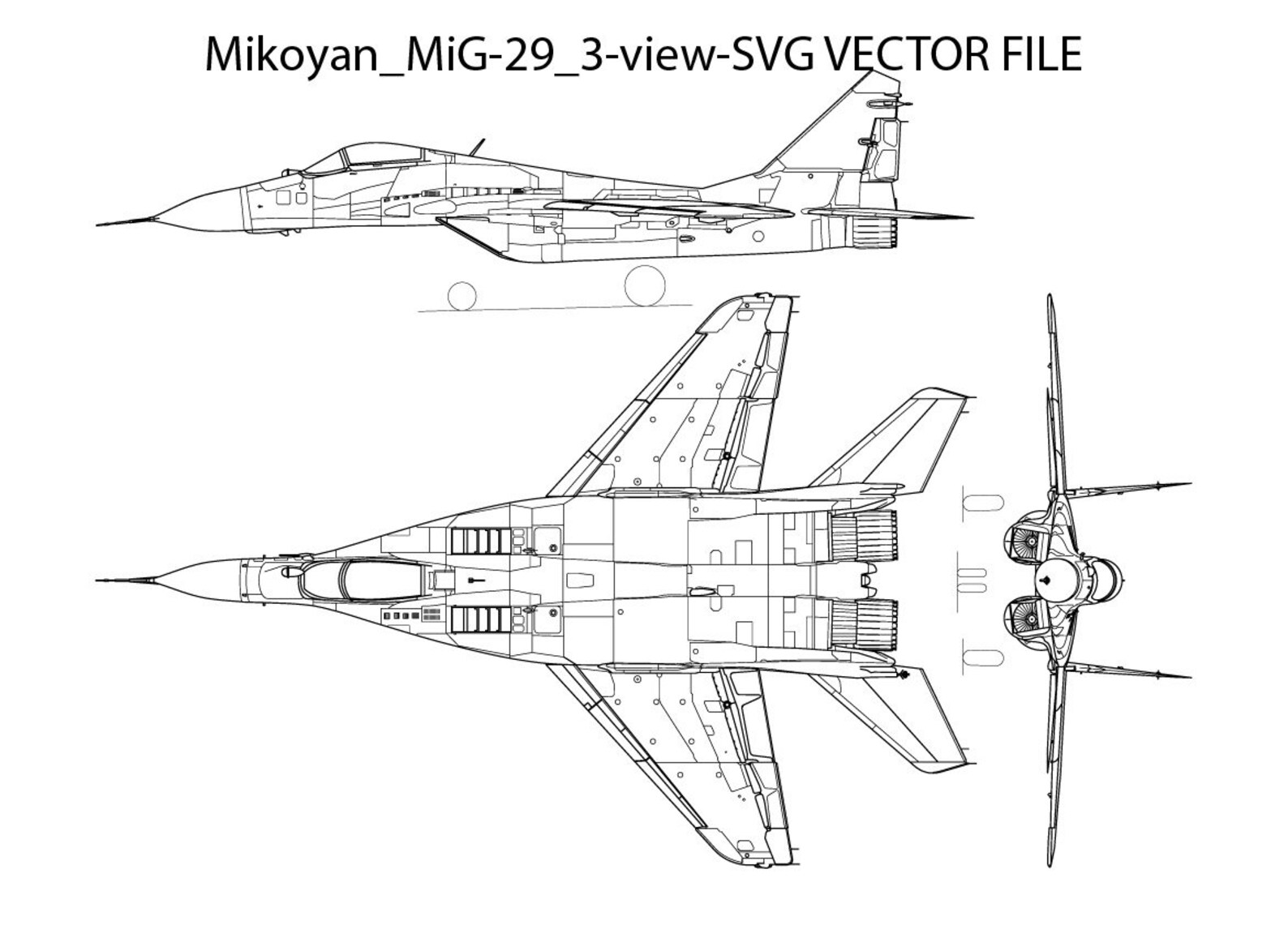 Mikoyan Mig 29 3 View SVG VECTOR FILE, Outlines, Line Art, Laser ...