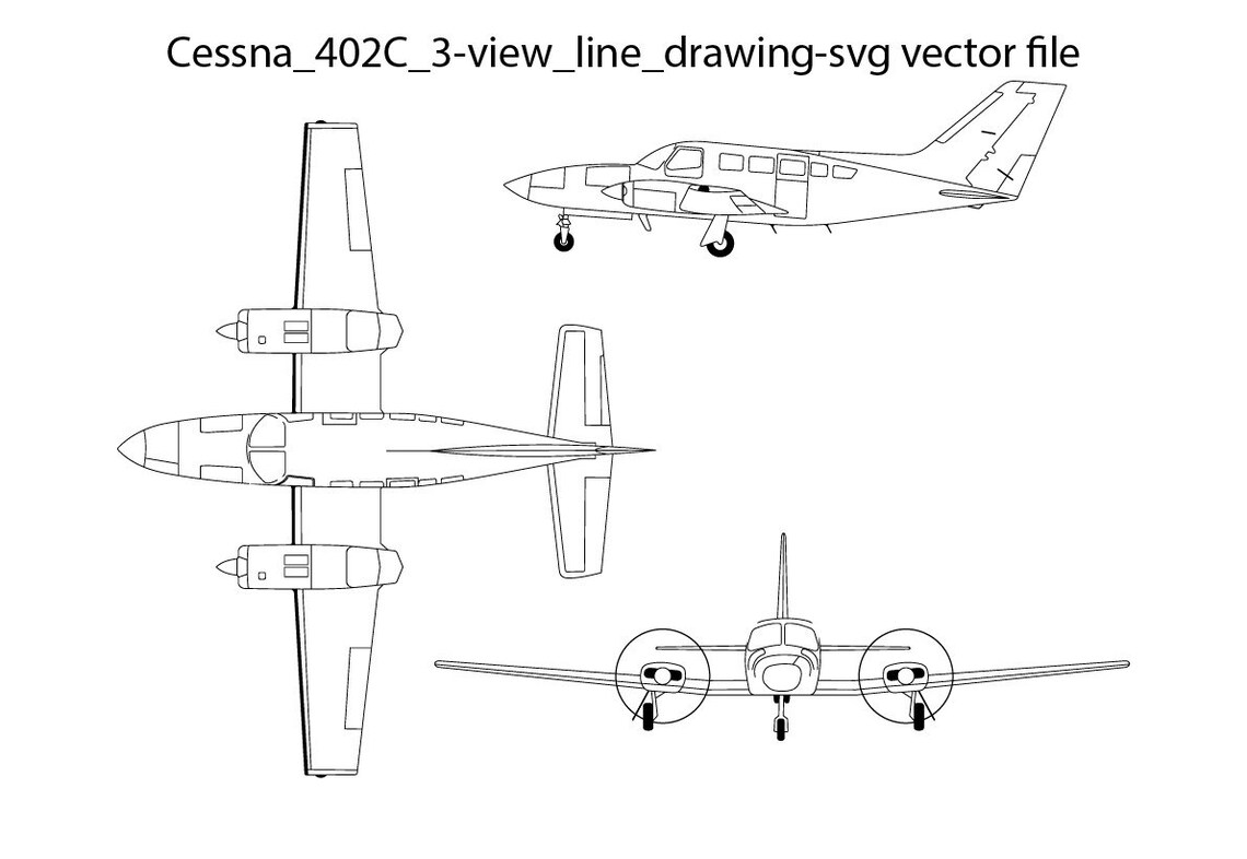 Cessna 402C 3 View Line Drawing Svg Vector File Patch, Vector ...