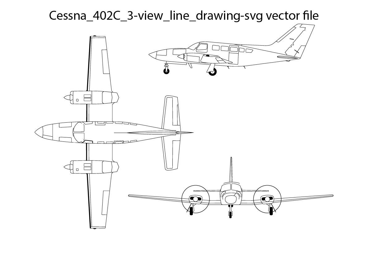 Cessna 402C 3 View Line Drawing Svg Vector File Patch, Vector ...