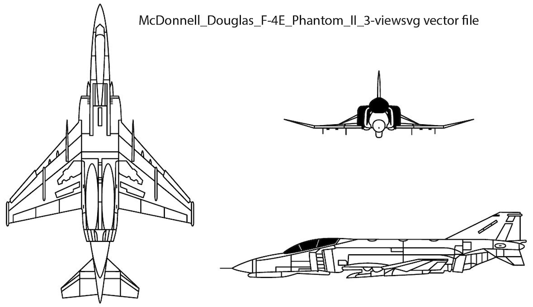 Mcdonnell Douglas F 4E Phantom II 3 View Svg Vector File , Outlines ...
