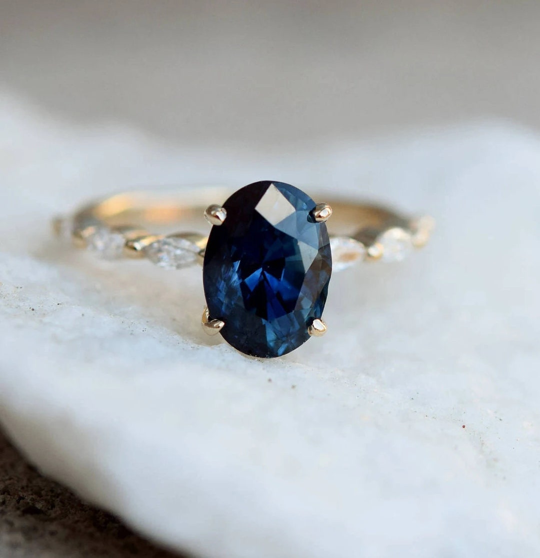 Navy Blue Sapphire Engagement Ring, Oval Sapphire and Diamond Ring, 10K ...