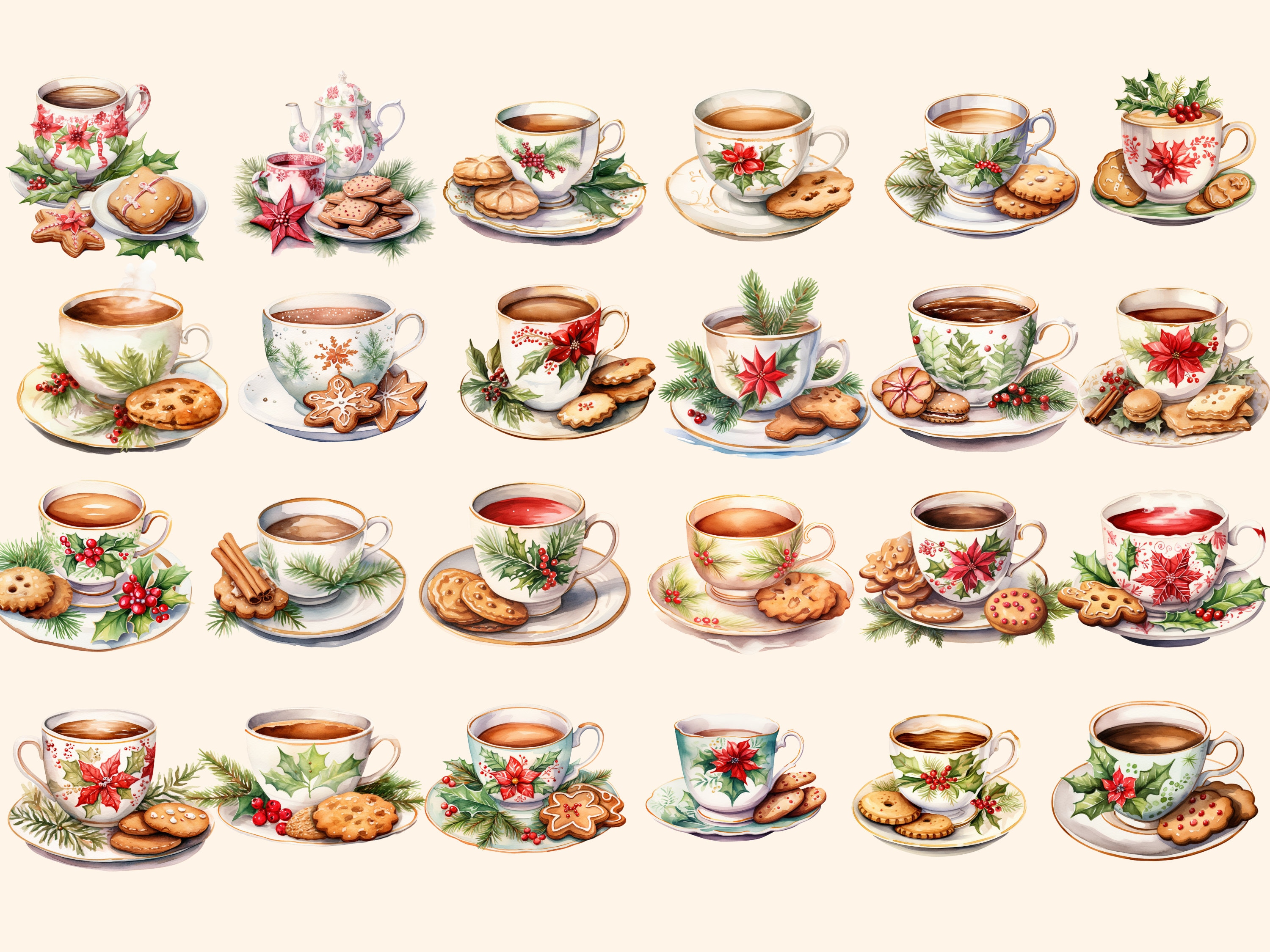 Christmas Tea Watercolor Clipart Bundle, 170 PNG Pepermint Drinks ...