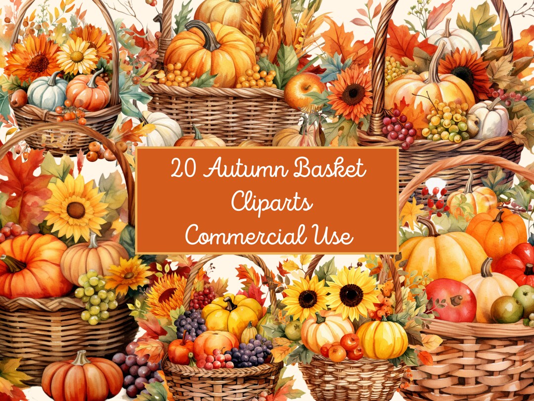 20 Autumn Pumpkin Basket Clipart, Watercolor Clipart, Fall Season ...