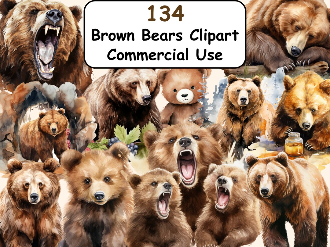 Brown Bears Watercolor Clipart Bundle, 134 PNG Grizzly Images, Wildlife ...