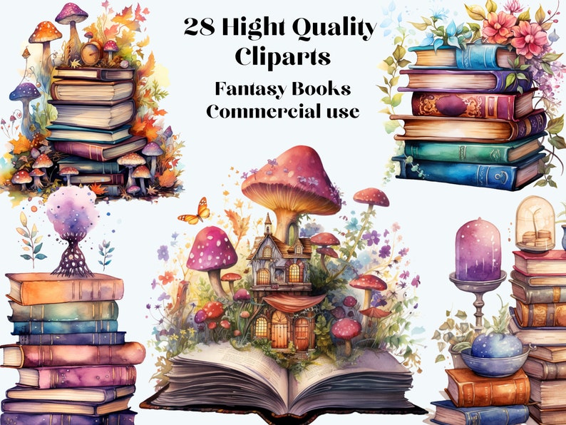 Watercolor Fantasy Books Clipart, Galaxy Wizard Book Stacks and Shelves ...