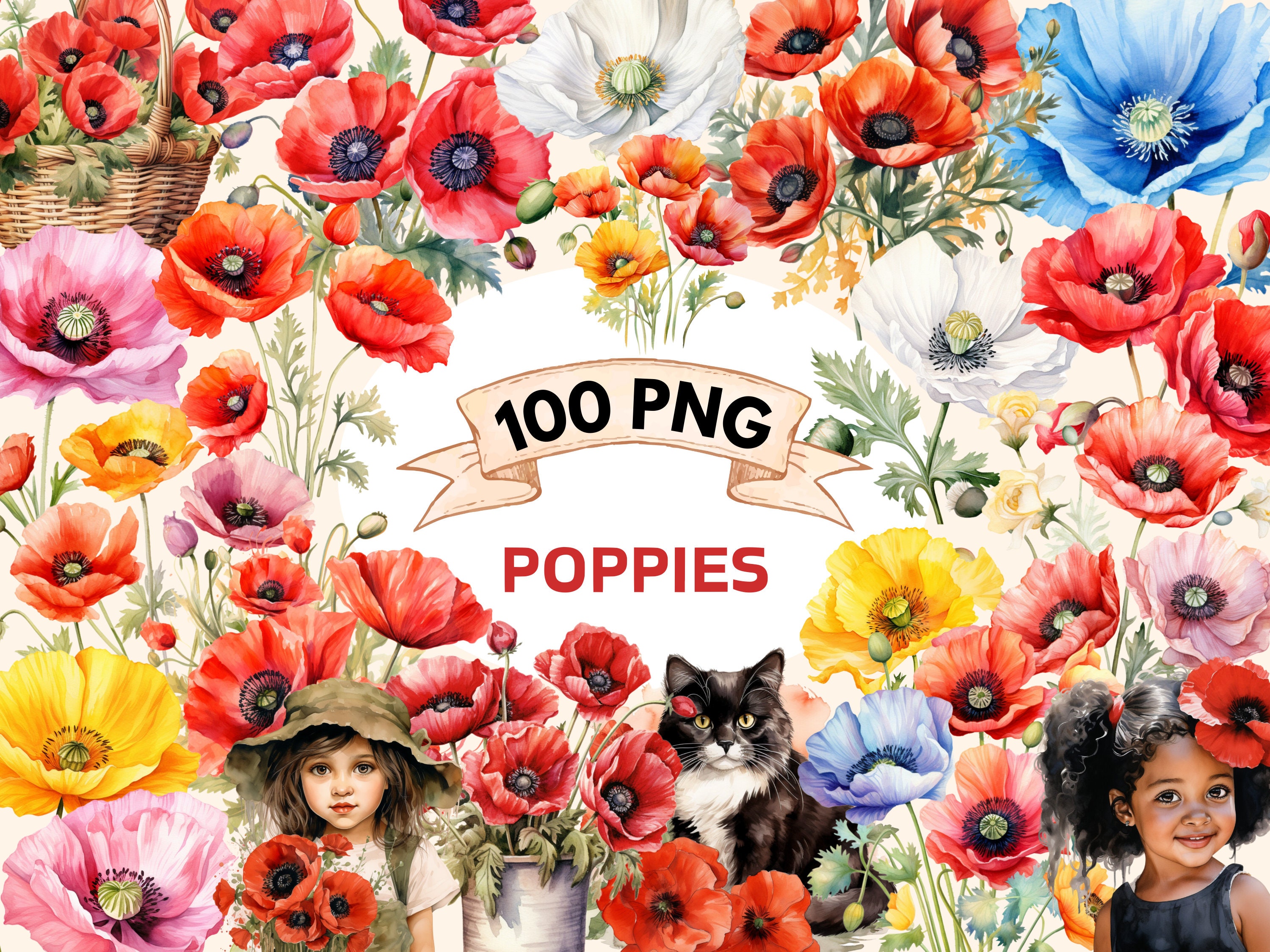 Poppies Watercolor Clipart Bundle - 100 PNG Poppy Flowers Images ...