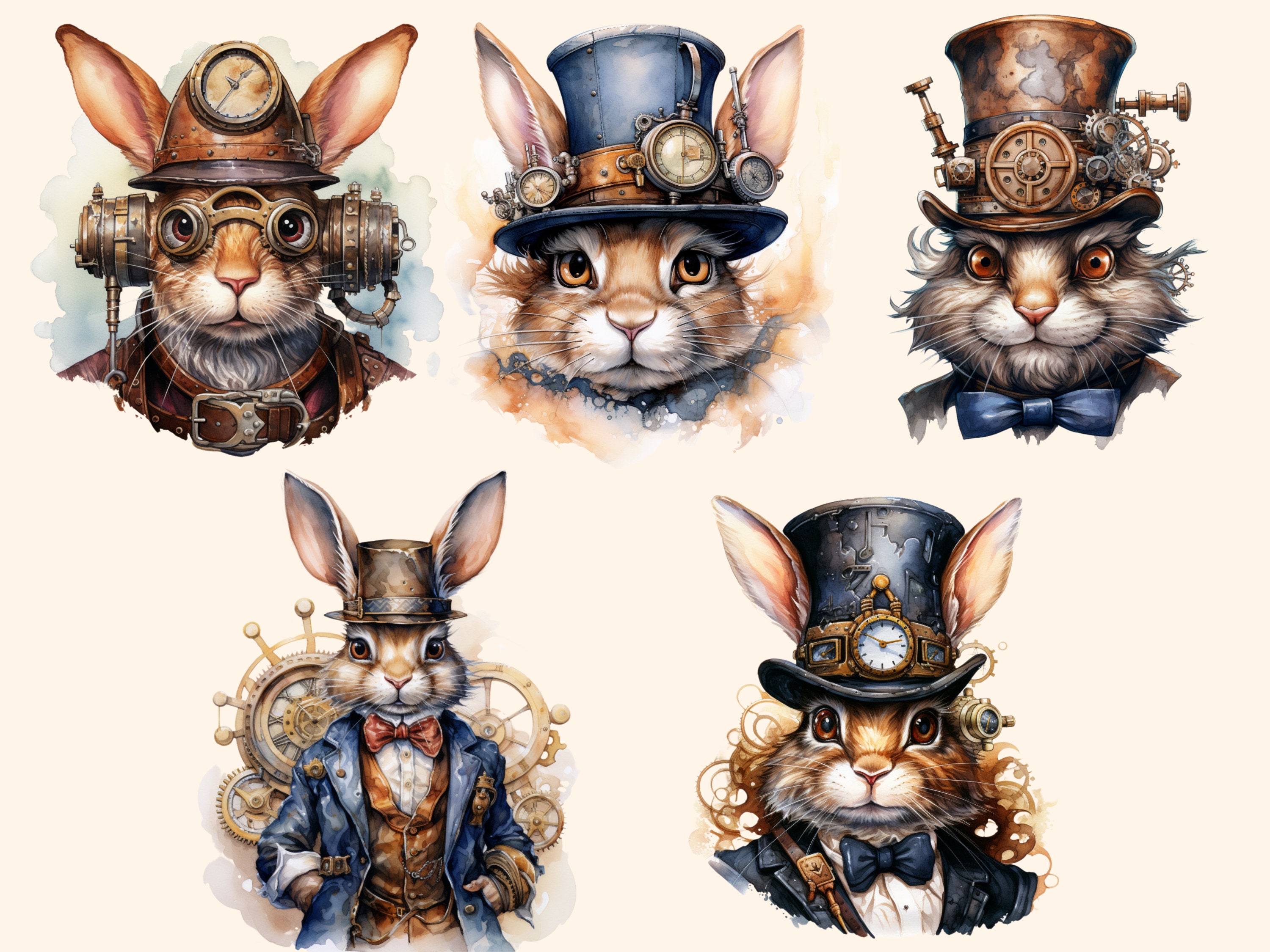 20 Steampunk Rabbit Watercolor Clipart Bundle, PNG Mechanical Rabbits ...