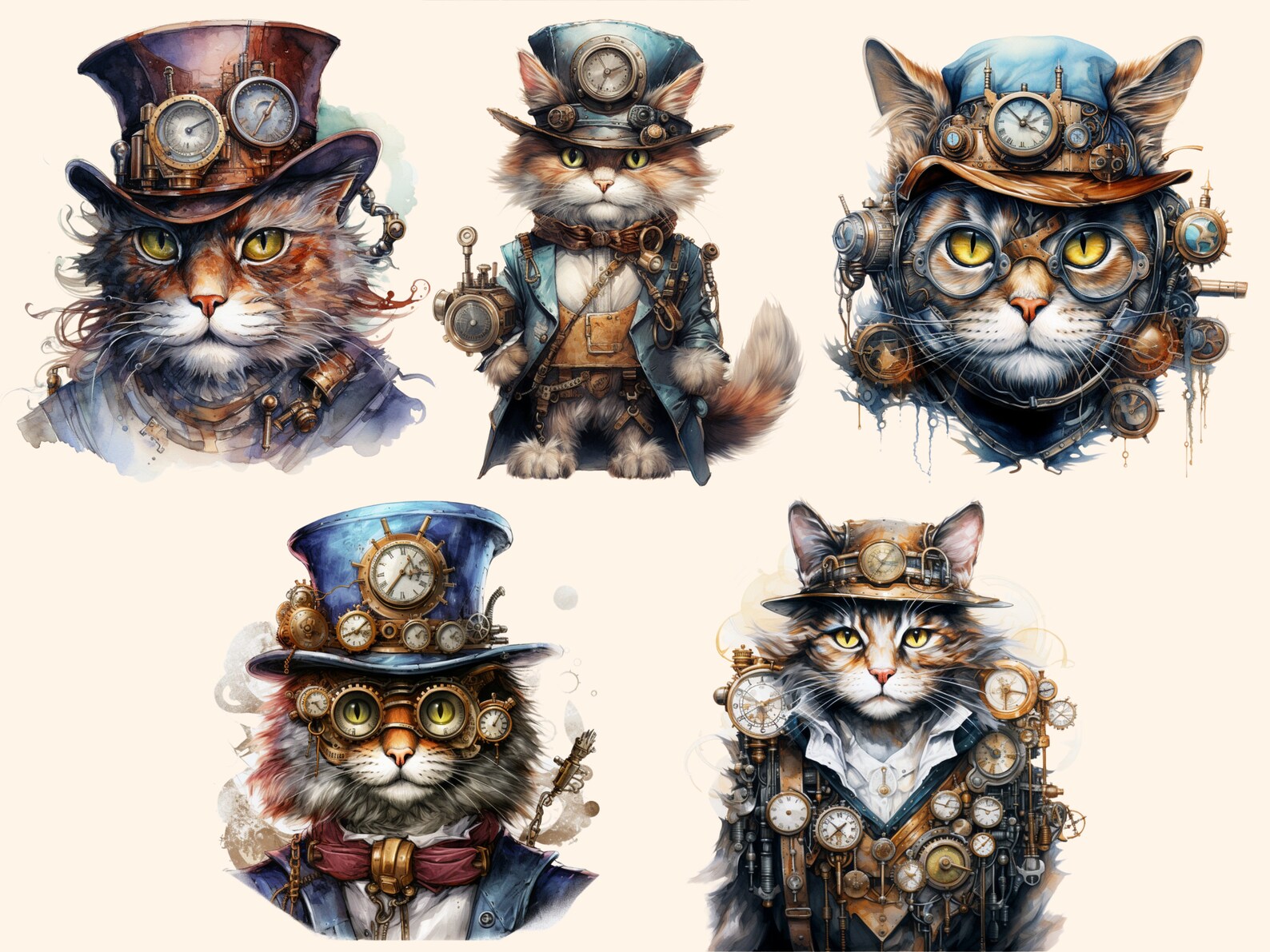 23 Steampunk Cats Watercolor Clipart Bundle, PNG Mechanical Cat Images ...