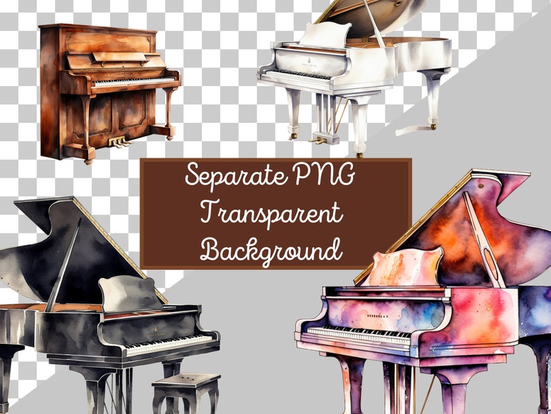 22 Watercolor Piano Clipart, Digital Png Grand Piano Musical Instrument ...