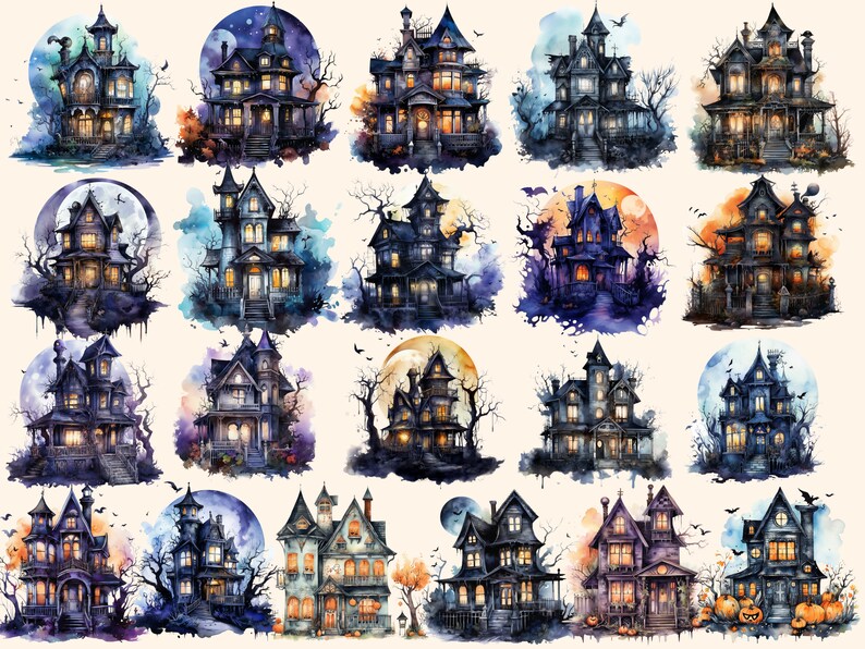 Halloween Houses Watercolor Clipart Bundle, 161 PNG Spooky House Images ...
