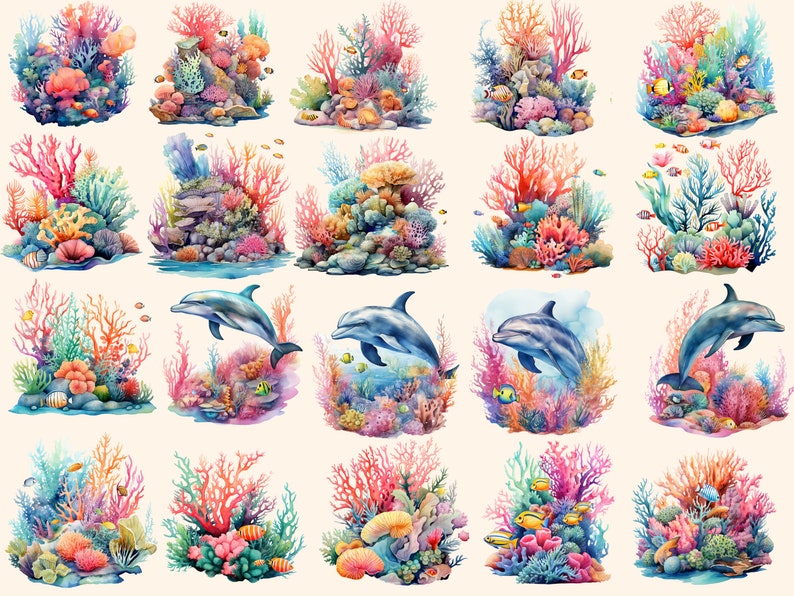 100 Coral Reefs Watercolor Clipart Bundle, Sea Reef Images, Beautiful ...