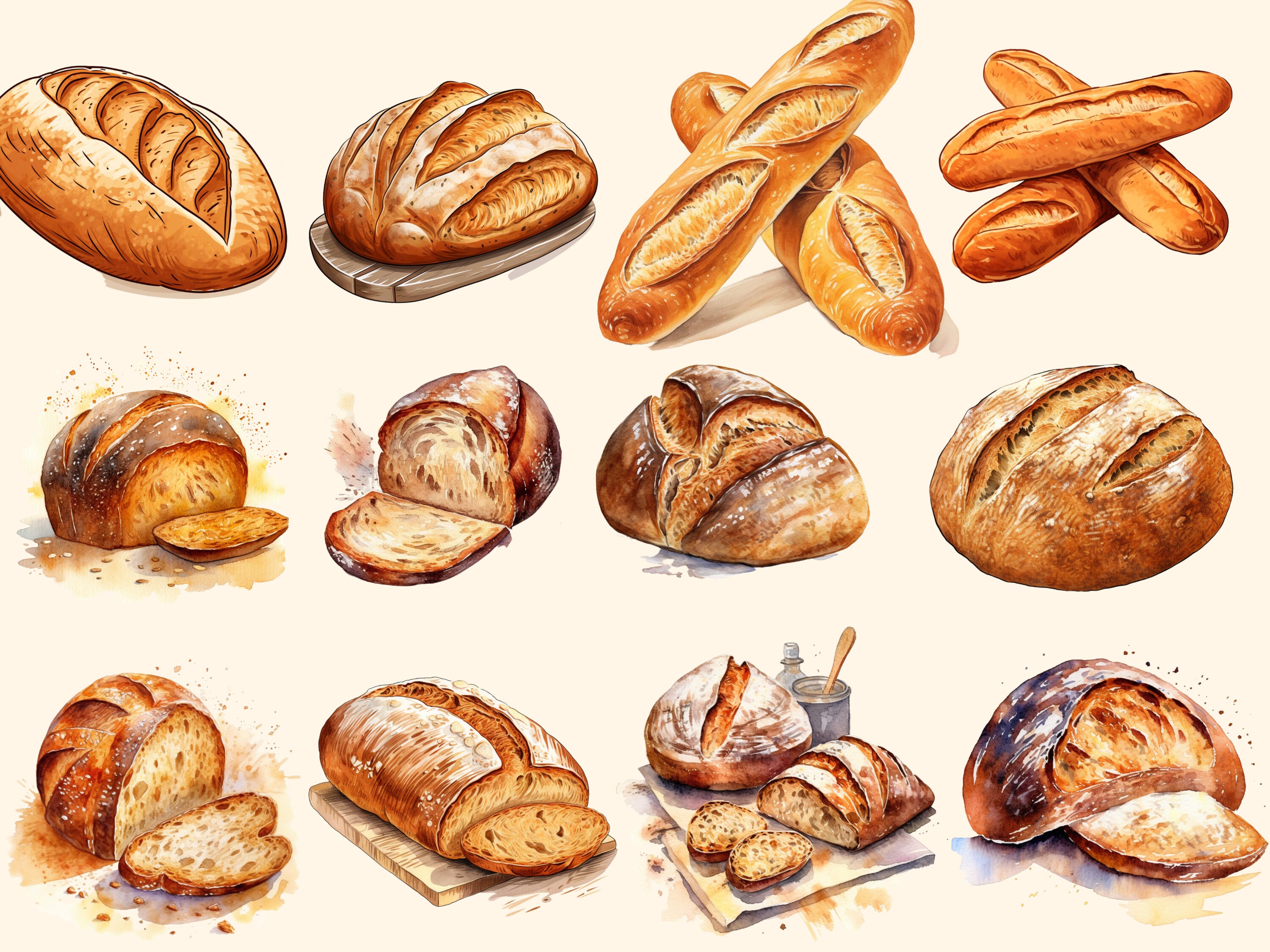 30 Watercolor Bakery Clipart, Png Baking Clipart, Bread Clipart ...