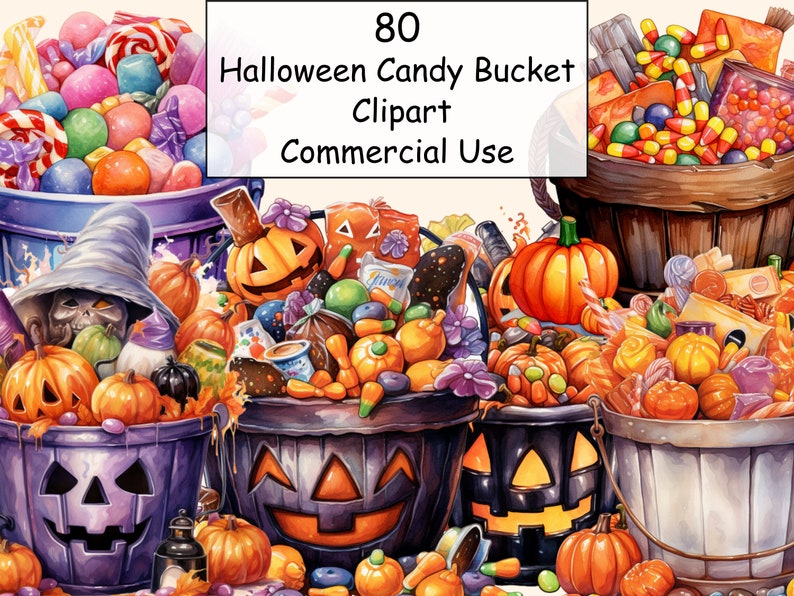80 Halloween Candies Bucket Watercolor Clipart Bundle, PNG Trick or ...