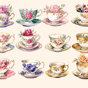 Vintage Tea Watercolor Clipart Bundle, 100 PNG Antique Teacup Images ...