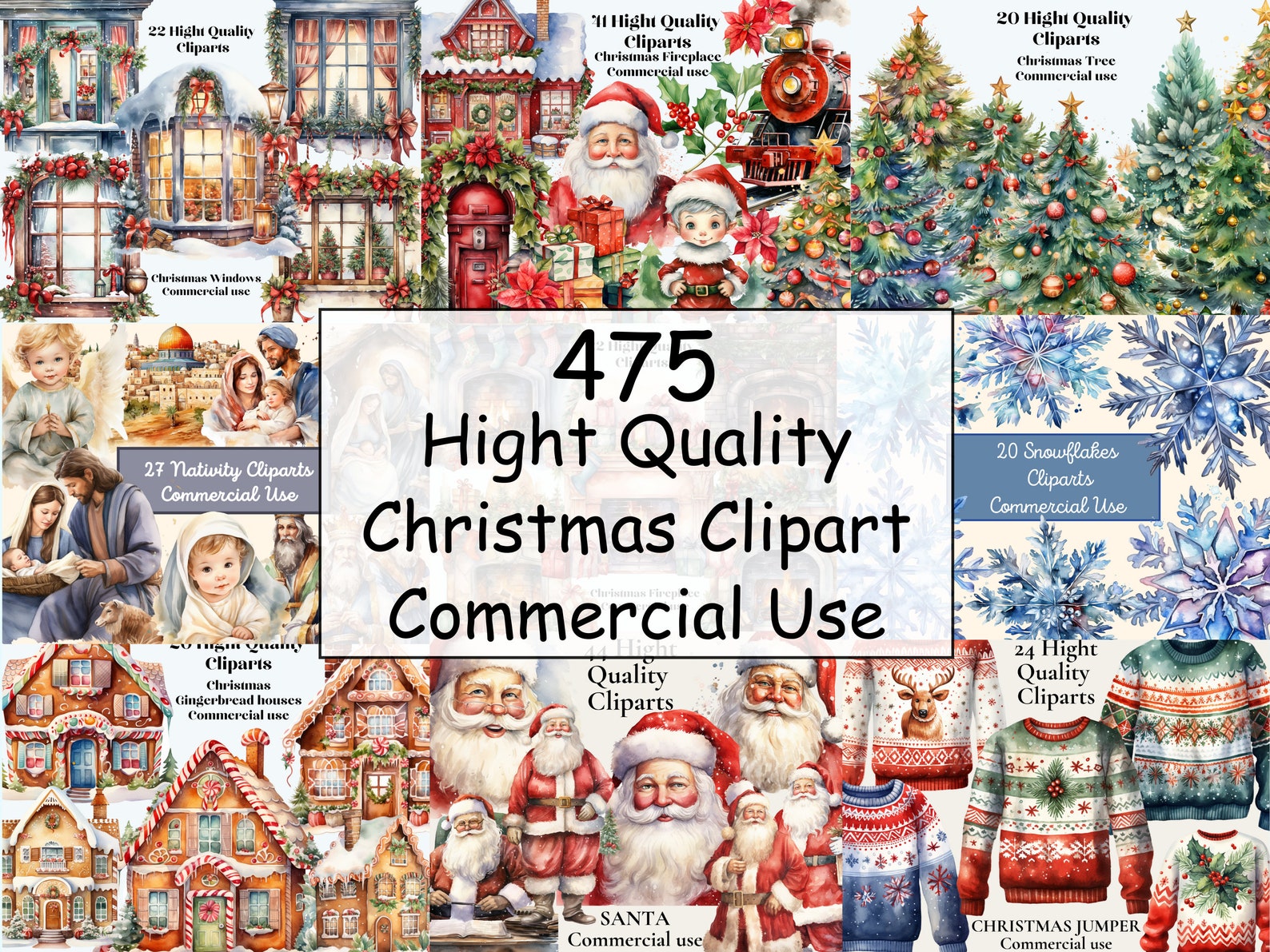 475 Christmas Clipart Mega Bundle, Watercolor PNG High Quality, Winter ...