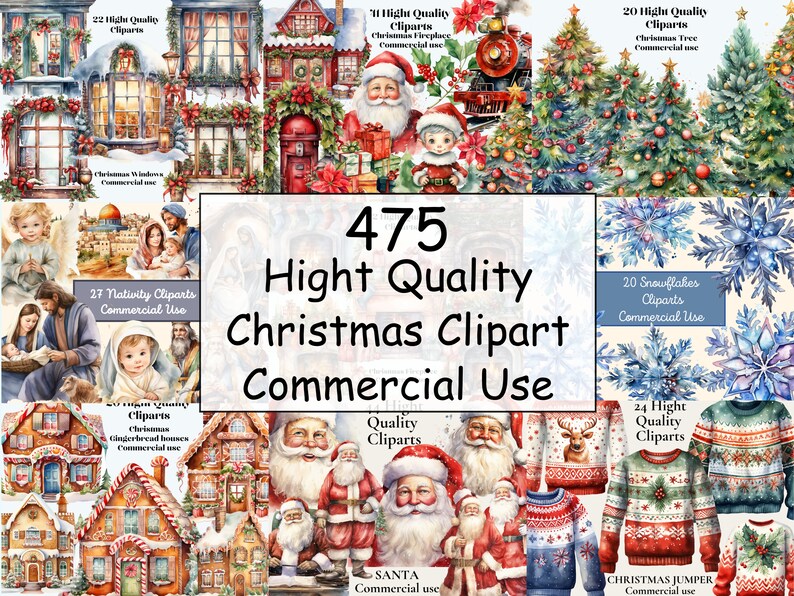 475 Christmas Clipart Mega Bundle, Watercolor PNG High Quality, Winter ...