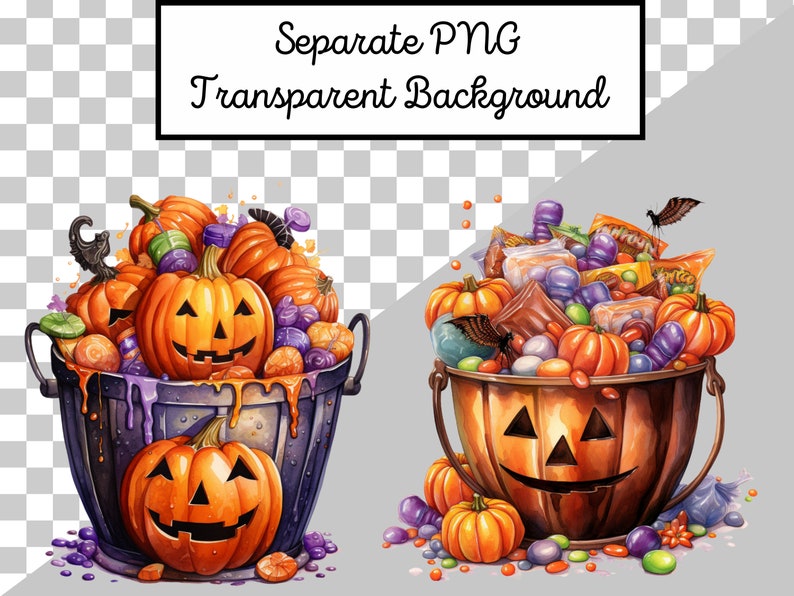 80 Halloween Candies Bucket Watercolor Clipart Bundle, PNG Trick or ...