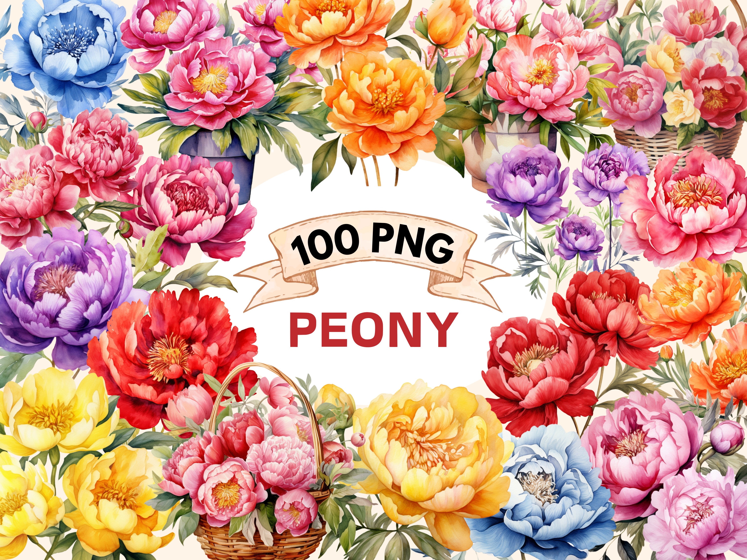 100 Peony Watercolor Clipart, Peonies Clipart, Floral Clipart, Spring ...