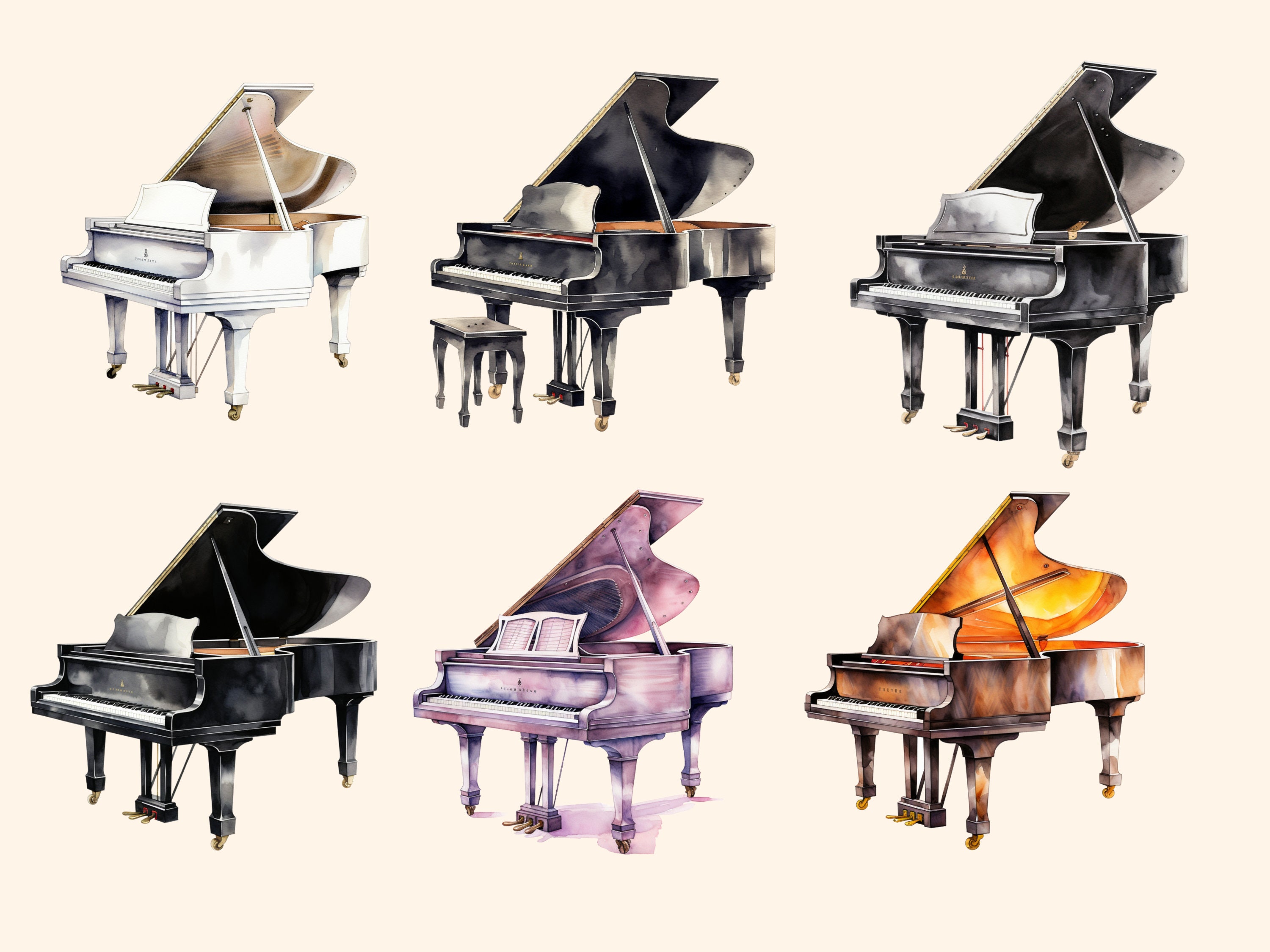22 Watercolor Piano Clipart, Digital Png Grand Piano Musical Instrument ...
