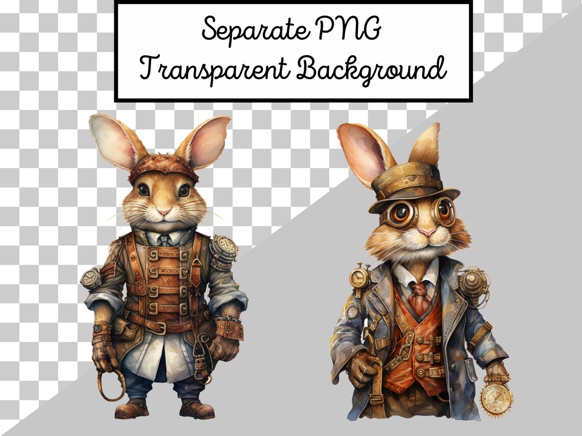 20 Steampunk Rabbit Watercolor Clipart Bundle, PNG Mechanical Rabbits ...