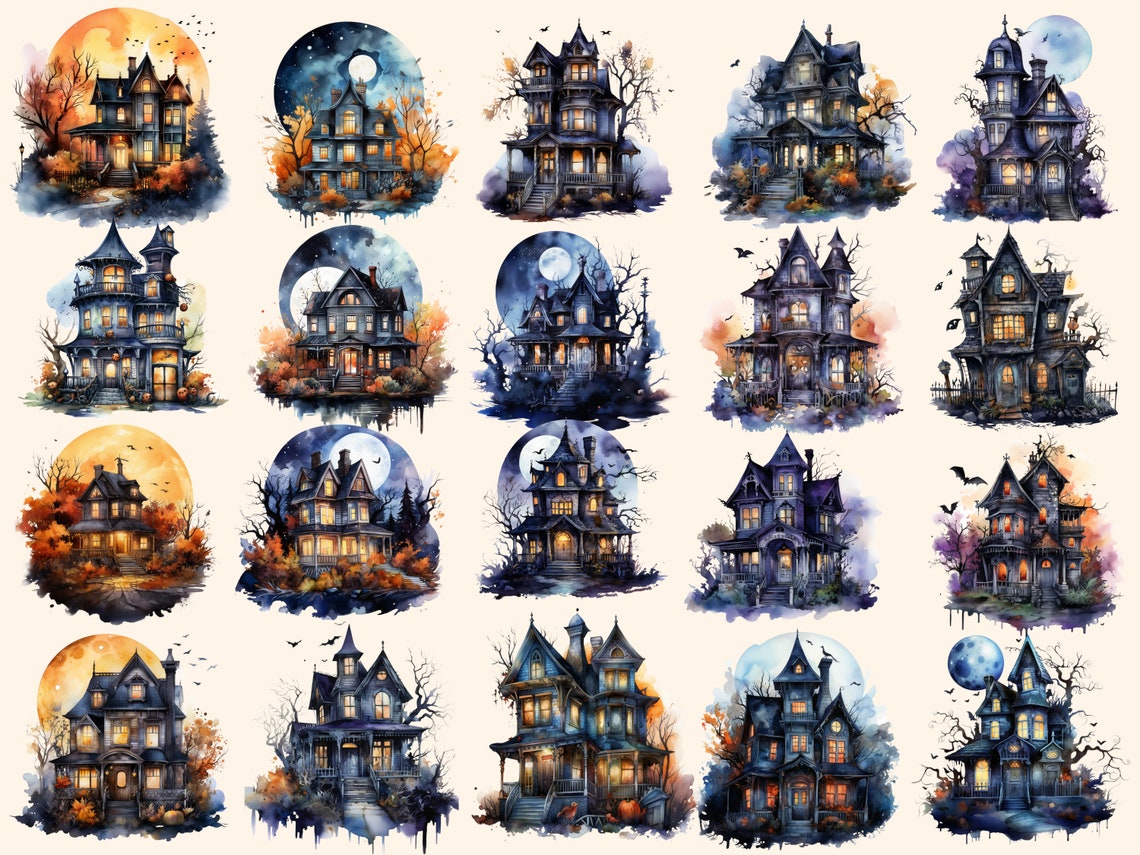 Halloween Houses Watercolor Clipart Bundle, 161 PNG Spooky House Images ...