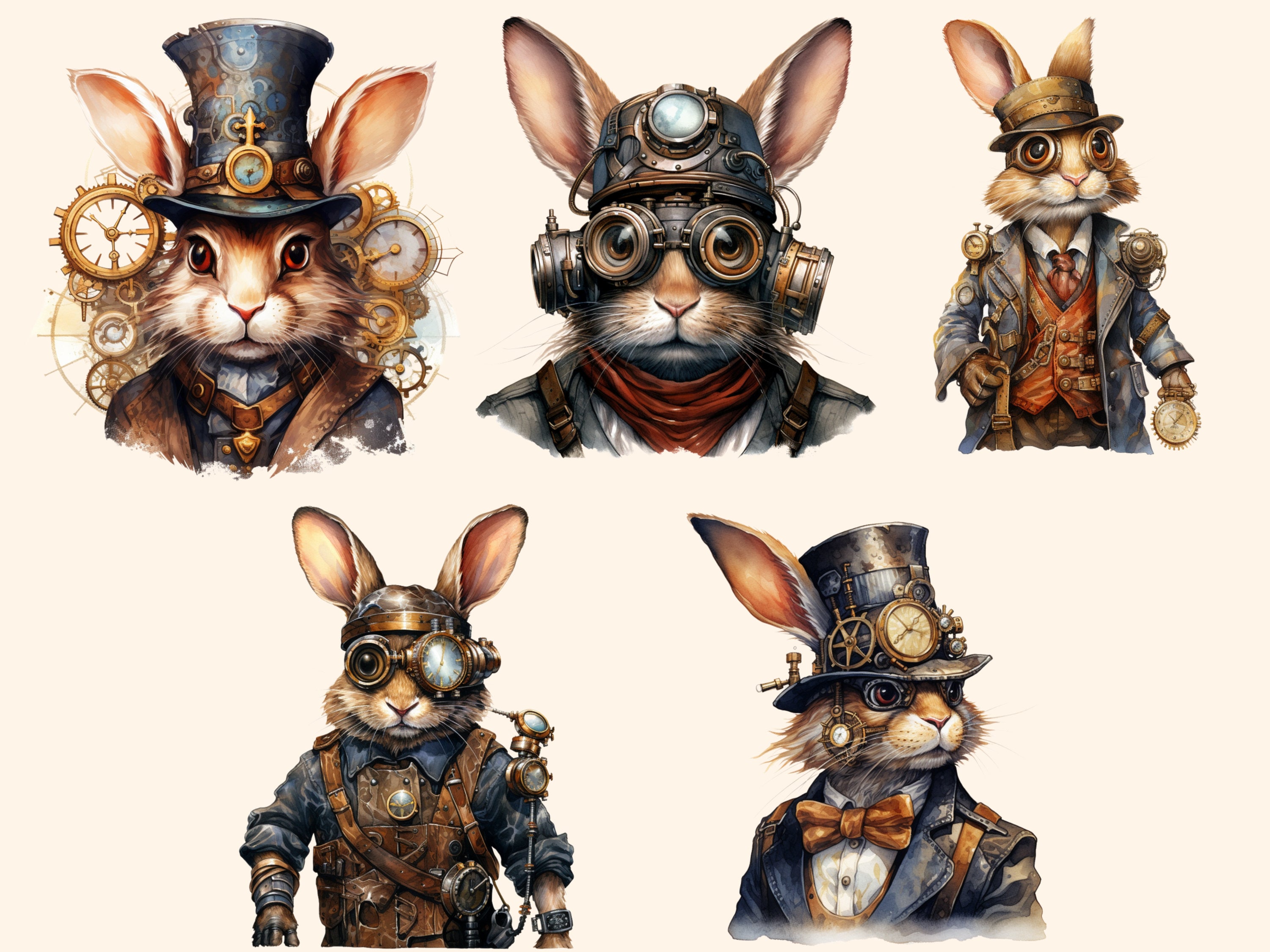 20 Steampunk Rabbit Watercolor Clipart Bundle, PNG Mechanical Rabbits ...