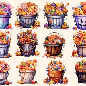 80 Halloween Candies Bucket Watercolor Clipart Bundle, PNG Trick or ...