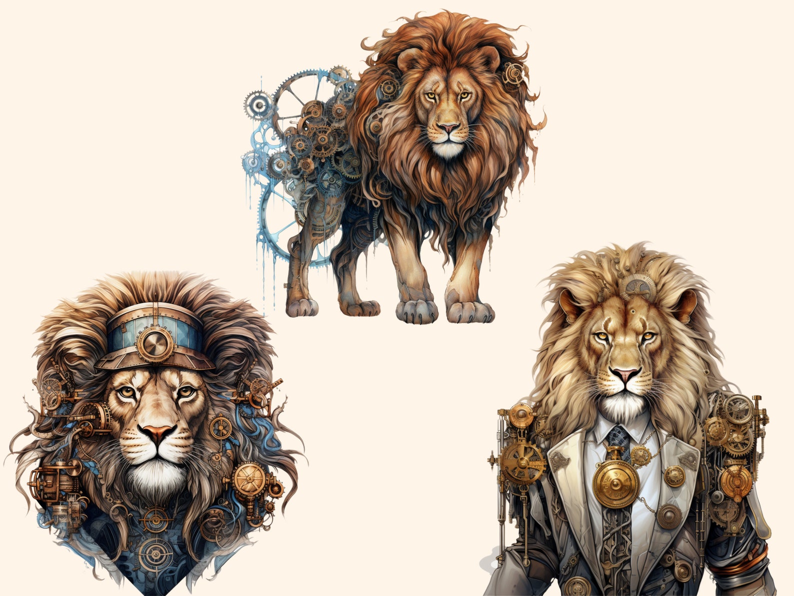 21 Steampunk Lion Clipart, Watercolor Steampunk Png, Steampunk Animal ...