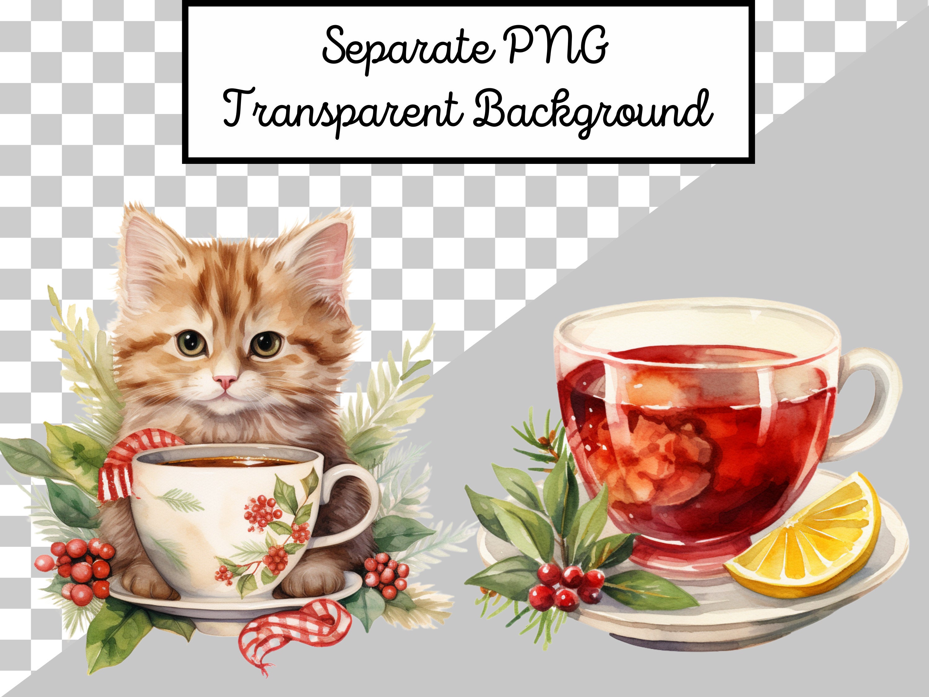 Christmas Tea Watercolor Clipart Bundle, 170 PNG Pepermint Drinks ...