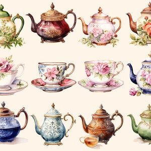 Vintage Tea Watercolor Clipart Bundle, 100 PNG Antique Teacup Images ...